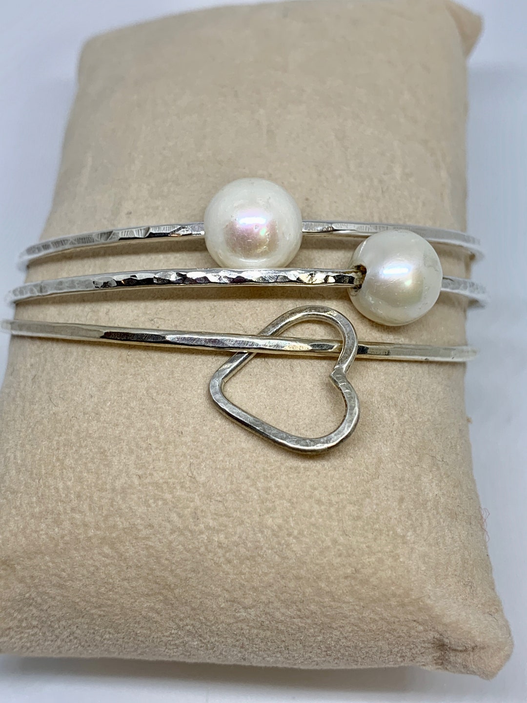 Silver Bangle Bracelet With Floating Pearl; Silver Bangle Bracelet With ...