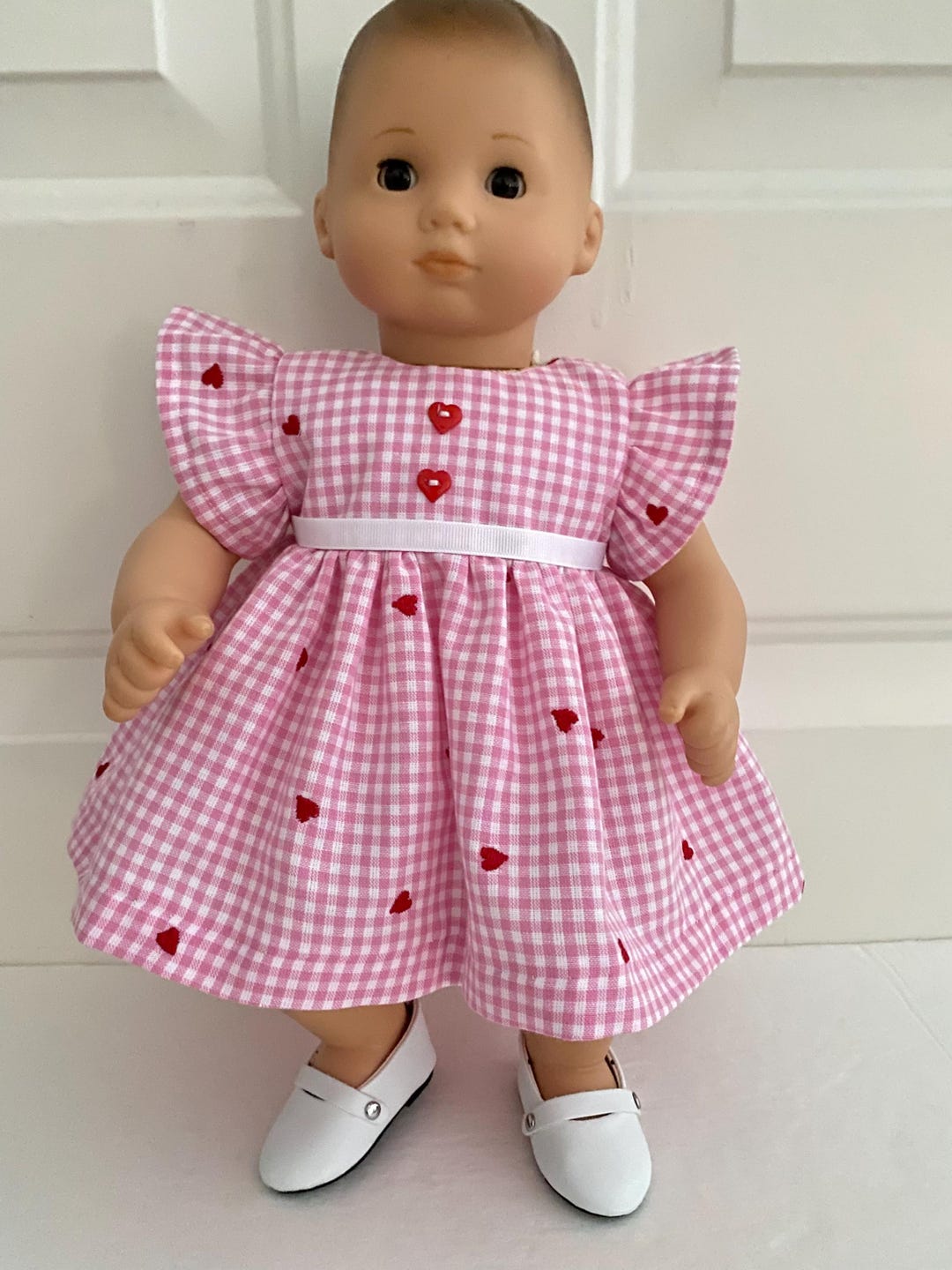15" Doll Dress - Pink Gingham With Red Embroidered Hearts and 2 Buttons ...
