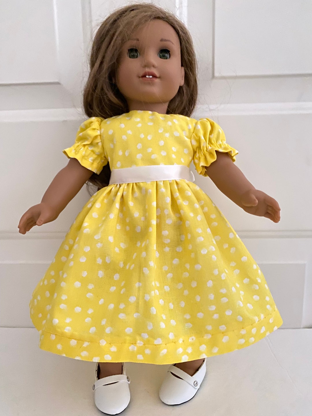 18 Doll Dress Yellow And White Dots With Short Puffy Sleeves Fits