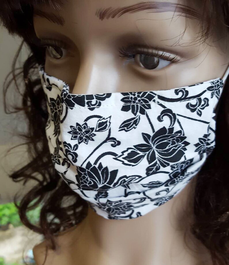 Large 100% Cotton Face Masks Black and White Floral W/ Nose Wire Filter ...