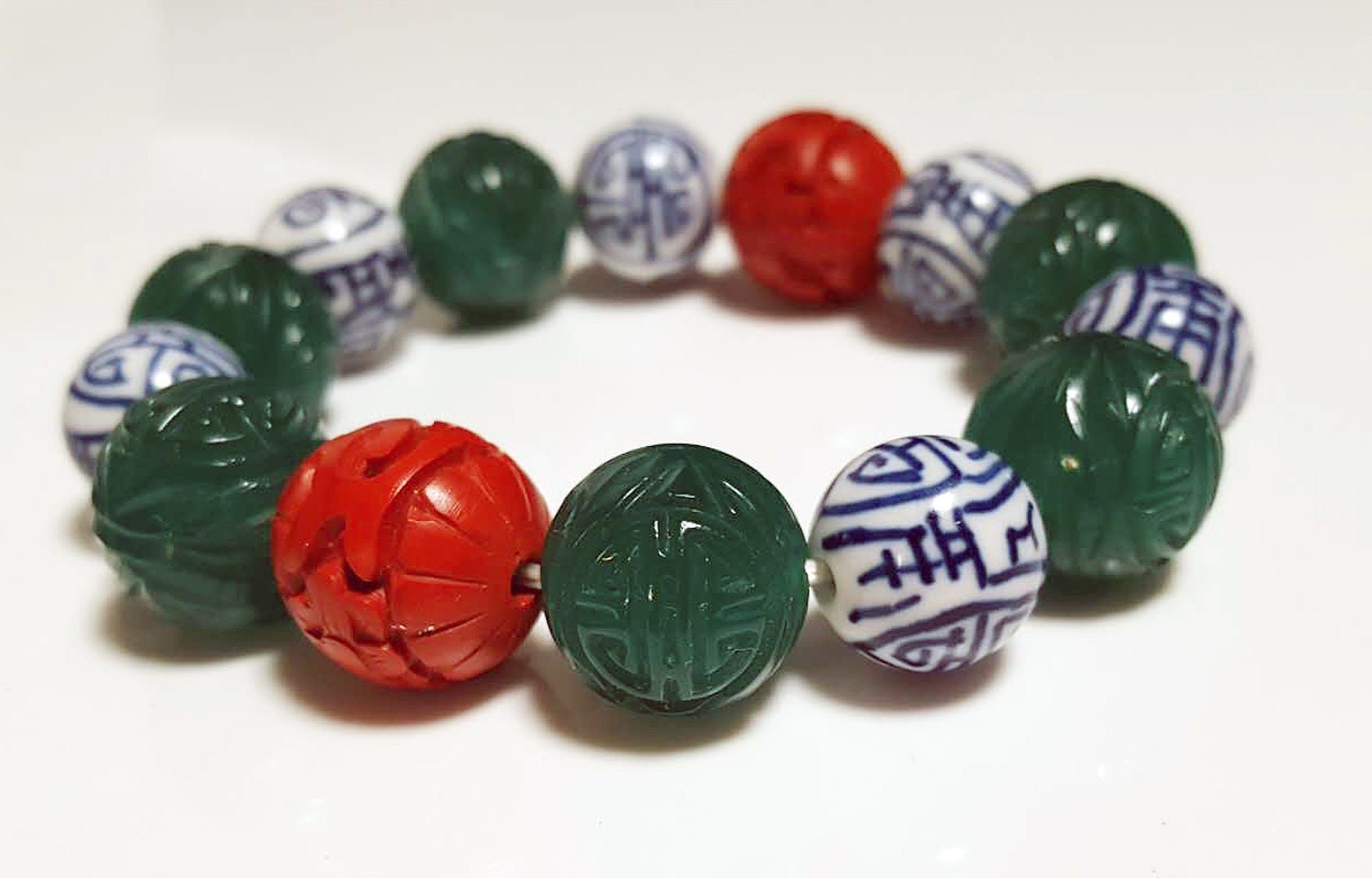 Vintage Chinese Cinnabar Beads Carved SHOU Glass Beads Porcelain Beads ...