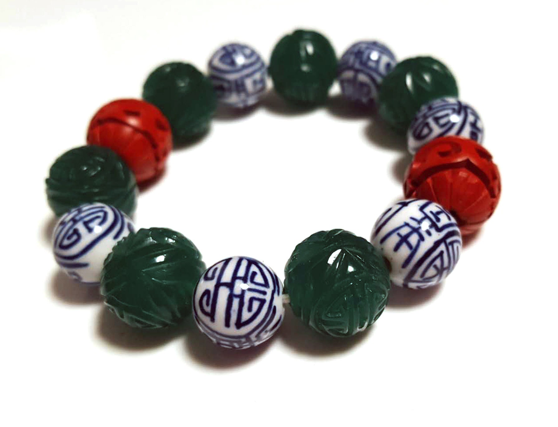 Vintage Chinese Cinnabar Beads Carved SHOU Glass Beads Porcelain Beads ...