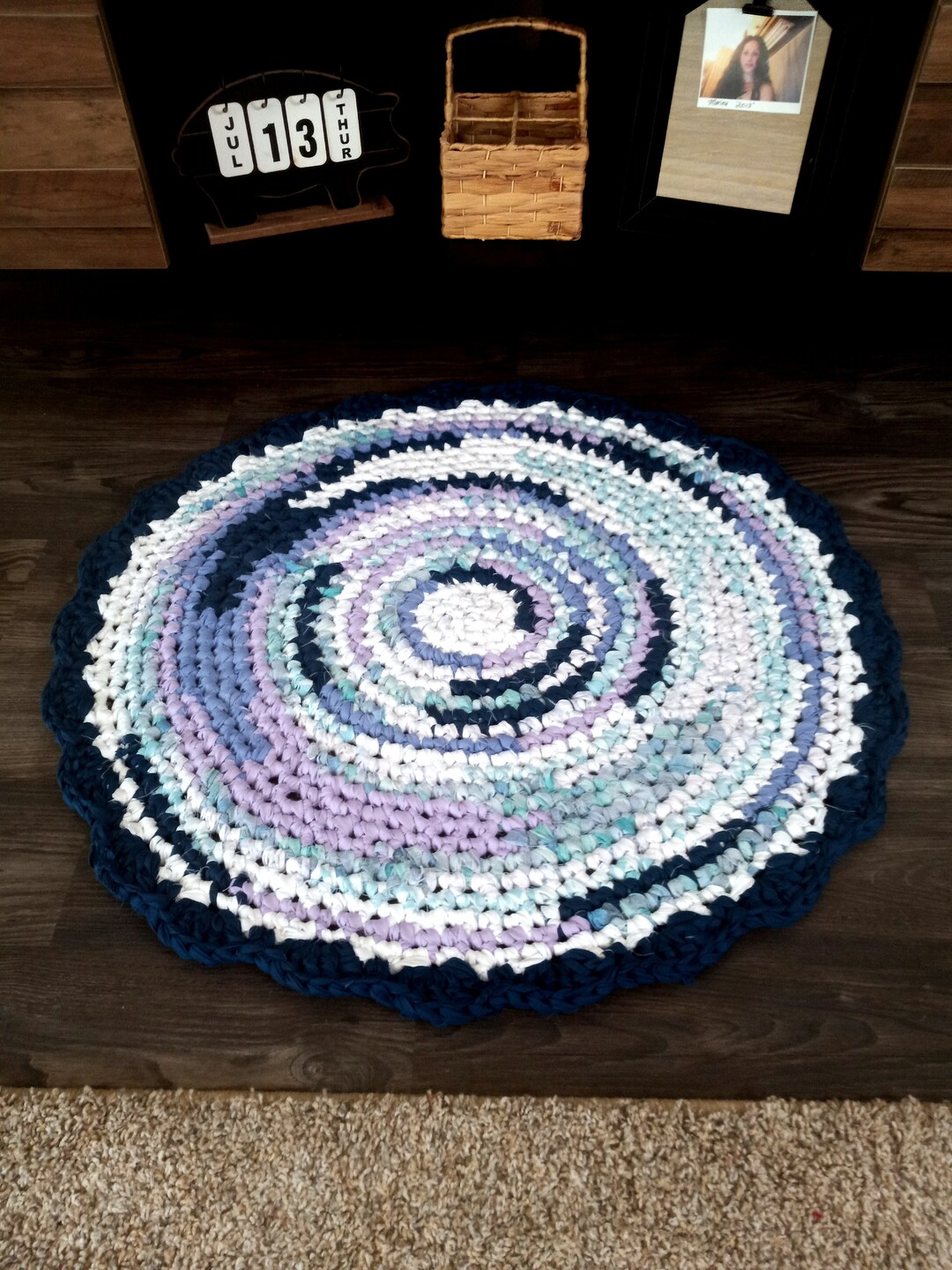 31" Round Rag Rug, Blues/purple/white, Crocheted Country Style Rag Rug ...