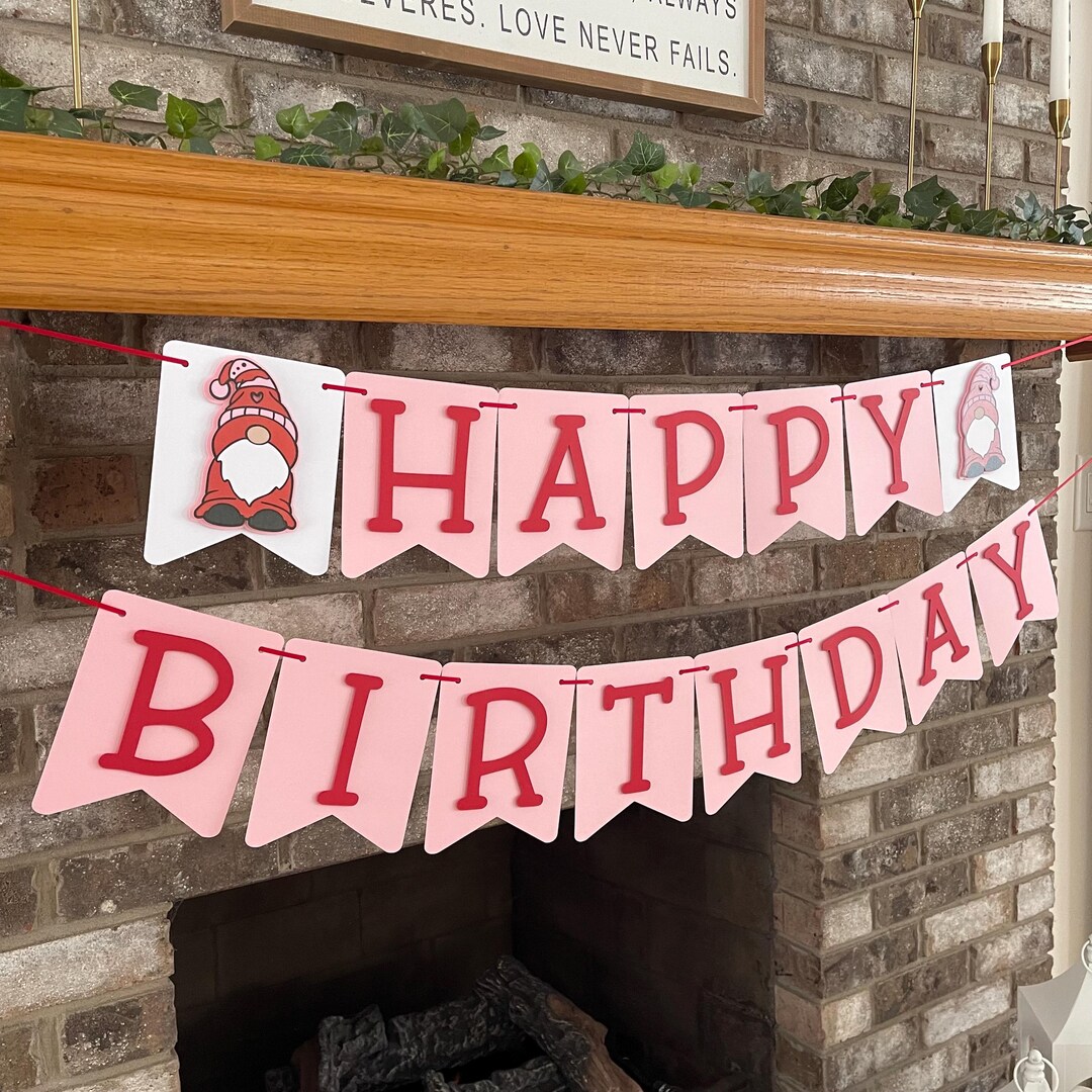 Valentine Gnome Birthday Banner, Red and Pink Decorations - Etsy