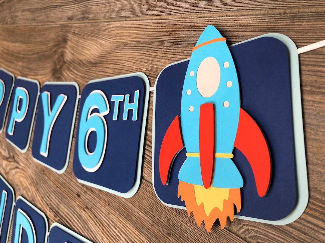 Space Rocket Happy Birthday Banner, Blast Off Decorations - Etsy España