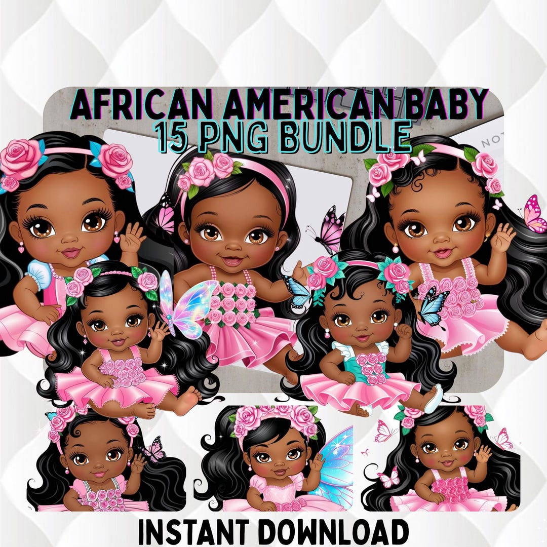 African American Baby Girl Clipart, Flower Butterfly PNG (digital ...