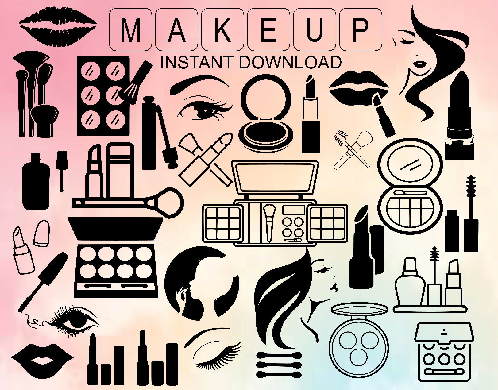 Siluetas de maquillaje svg, 30 imágenes, lápiz labial svg, pestañas svg, labios svg, paleta de ...