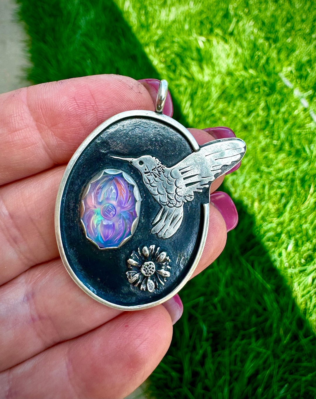 Aurora Opal Hummingbird and Flower Sterling Silver Pendant - Etsy