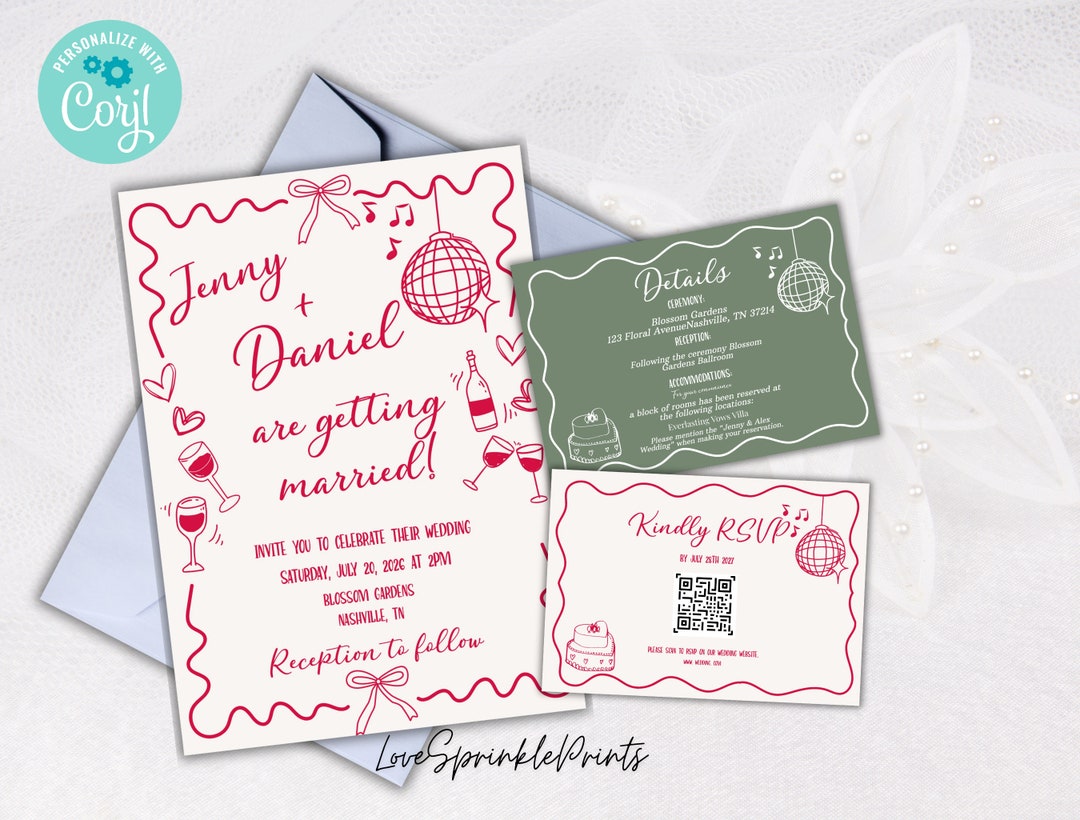 Editable Illustrated Wedding Invitation Template, Doodle Illustrations ...