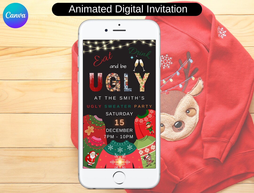 Animated Digital Ugly Sweater Party Invitation Editable Christmas Party ...