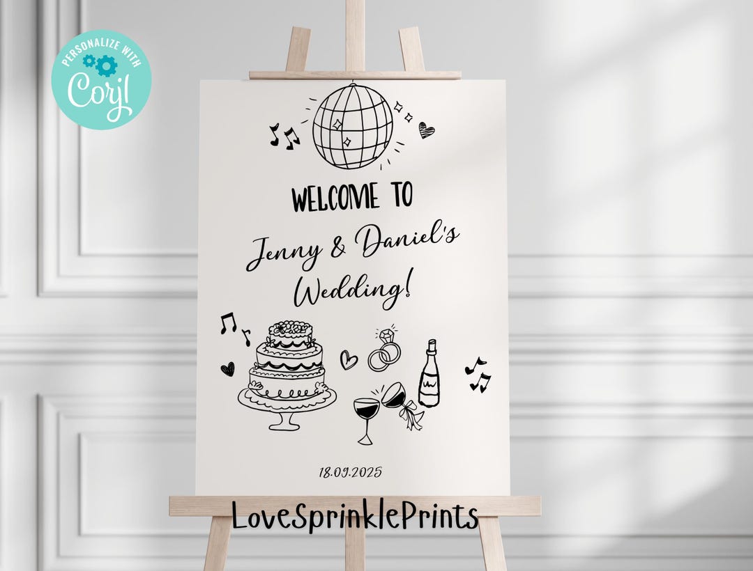 Editable Illustrated Wedding Invitation Welcome Sign, Hand Drawn ...