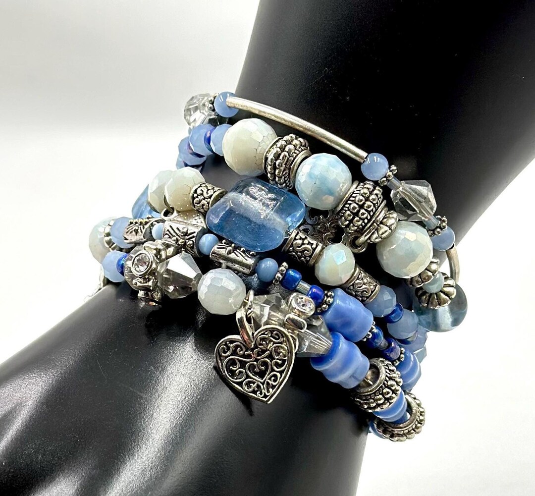 Blue Beaded Bracelet, Memory Wire Bracelet, Beaded Wrap Bracelet, Cuff ...