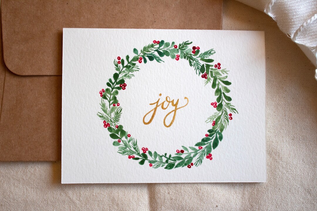 Christmas Wreath Card, Holiday Wreath Card, Christmas Joy Card, Hand ...