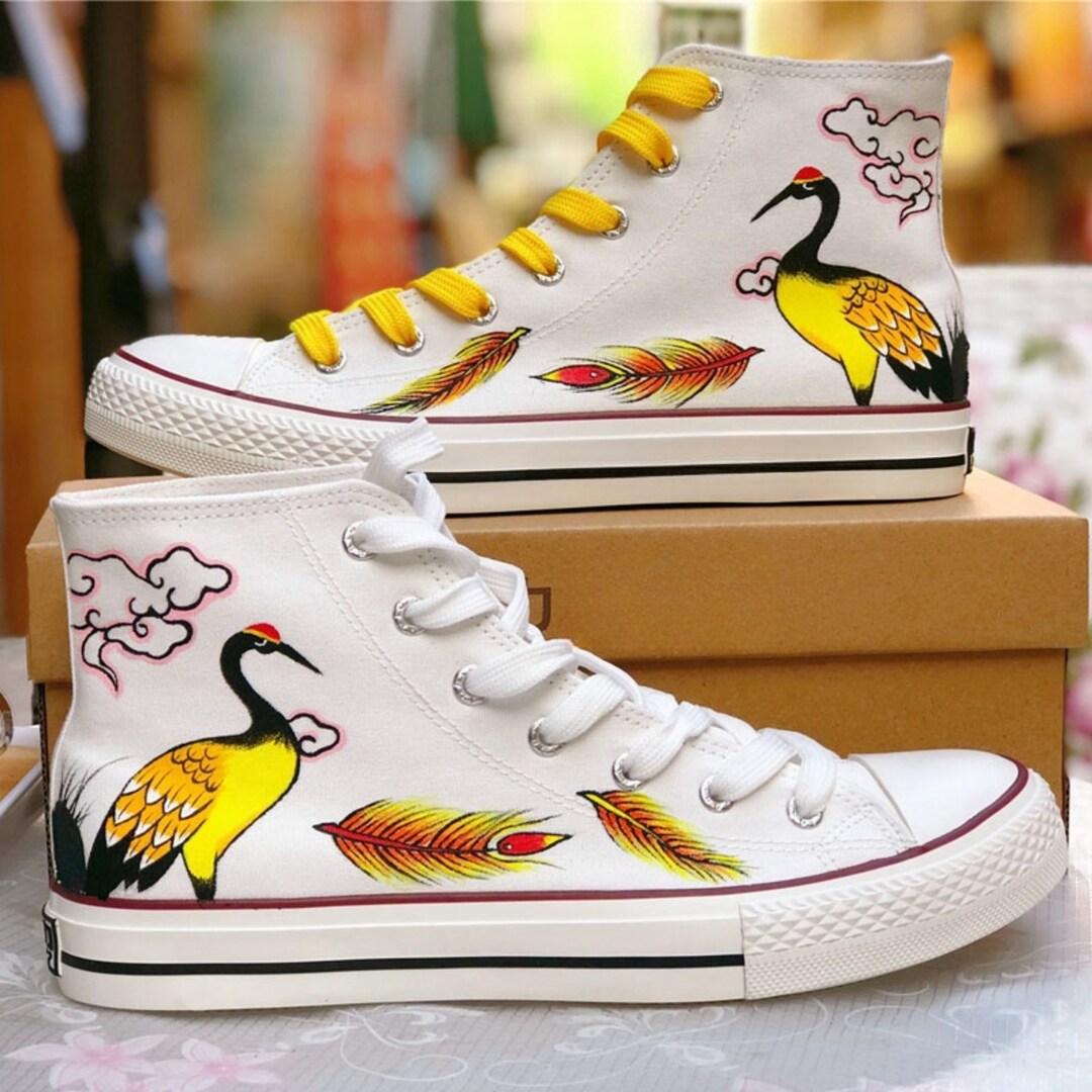 Hand Painted Shoes.red Crowned Crane Sneakers.running Shoes.personality ...