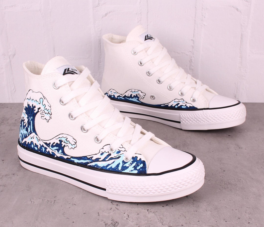 Wave High Top Hand-painted Shoesminimalist Casual Canvas Shoeslace up ...