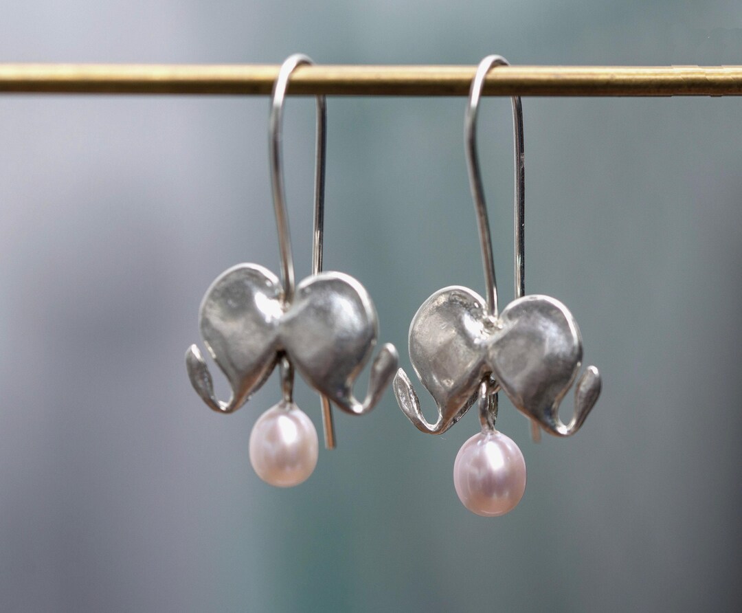 Bleeding Heart Sterling Silver Dangle Earrings, With Pearl Dangle - Etsy