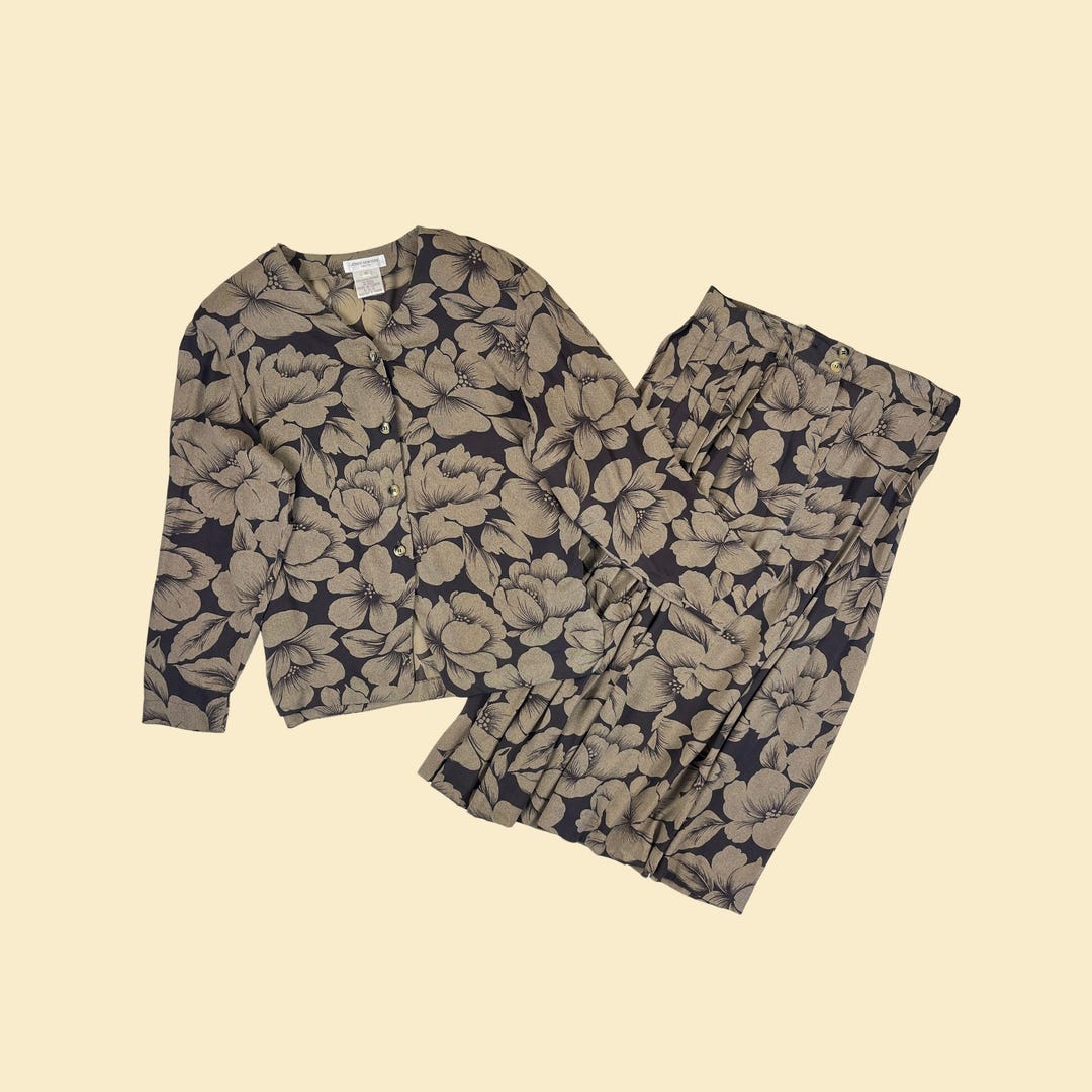 90s Floral 2 Piece Skirt & Blouse Set, Size 14 Vintage Women's Black ...