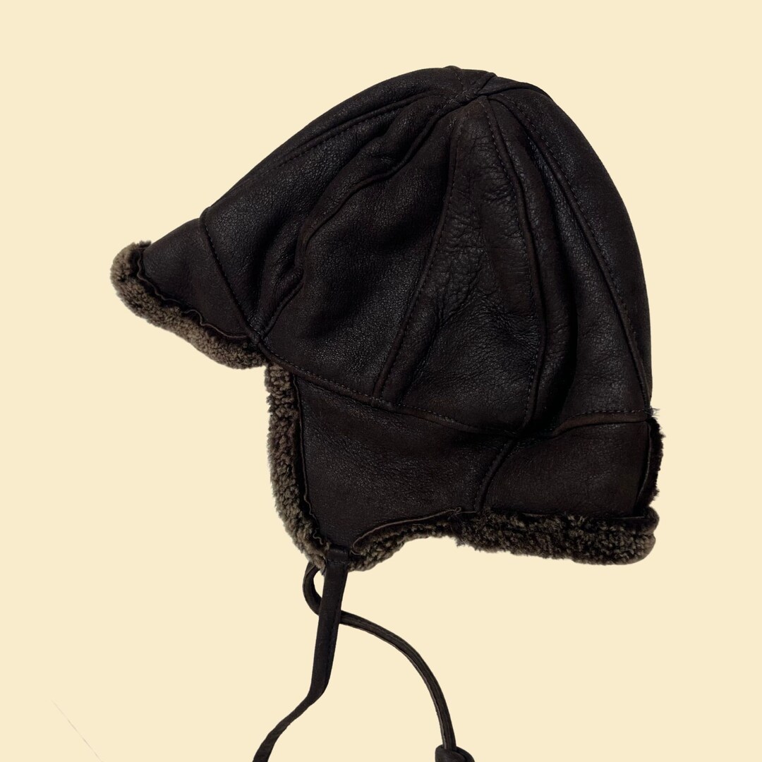 90s Sheepskin Trapper Hat by Owen Barry, Vintage Brown Leather Aviator Cap, 1990s Fur Flight Cap ...