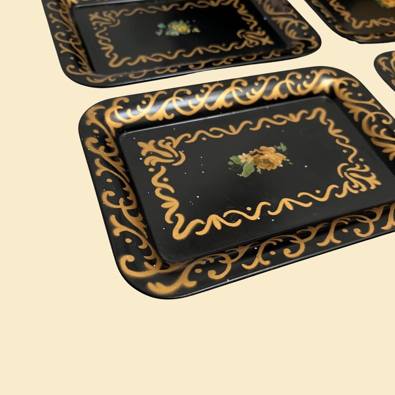 1960s Toleware Trays, Set of 4 Vintage Black Metal Floral Tole Trays ...