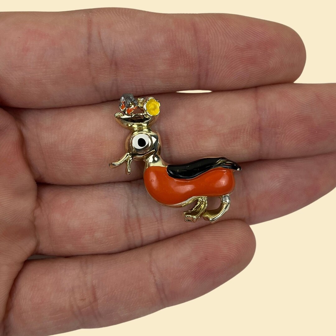 1940s Enamel Gold-toned Duck Pin, Vintage Orange & Black Duck Brooch W ...