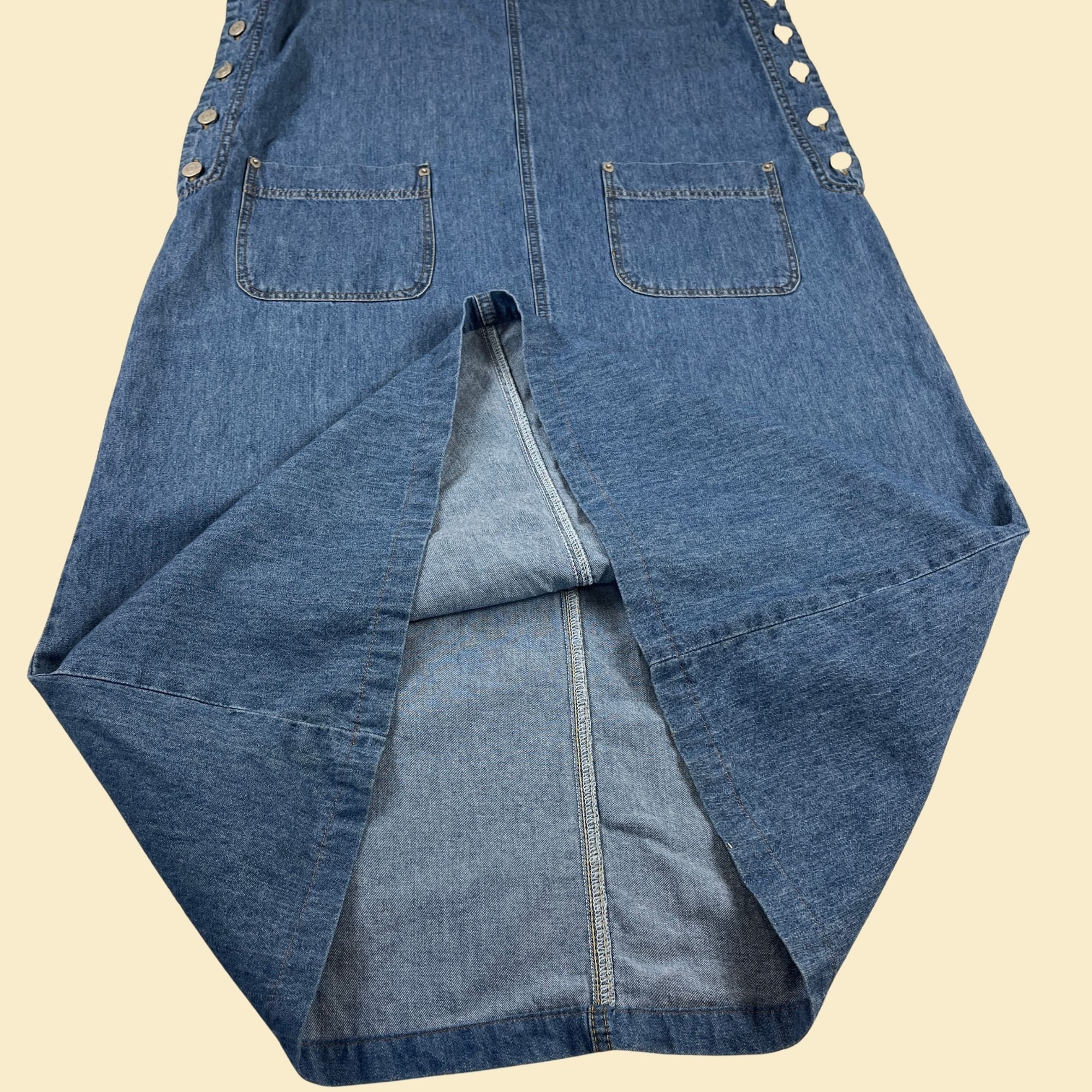 90s Size M Denim Dress, Vintage 1990s Denim Maxi Dress by Tape Measure, Sleeveless Dress Side ...