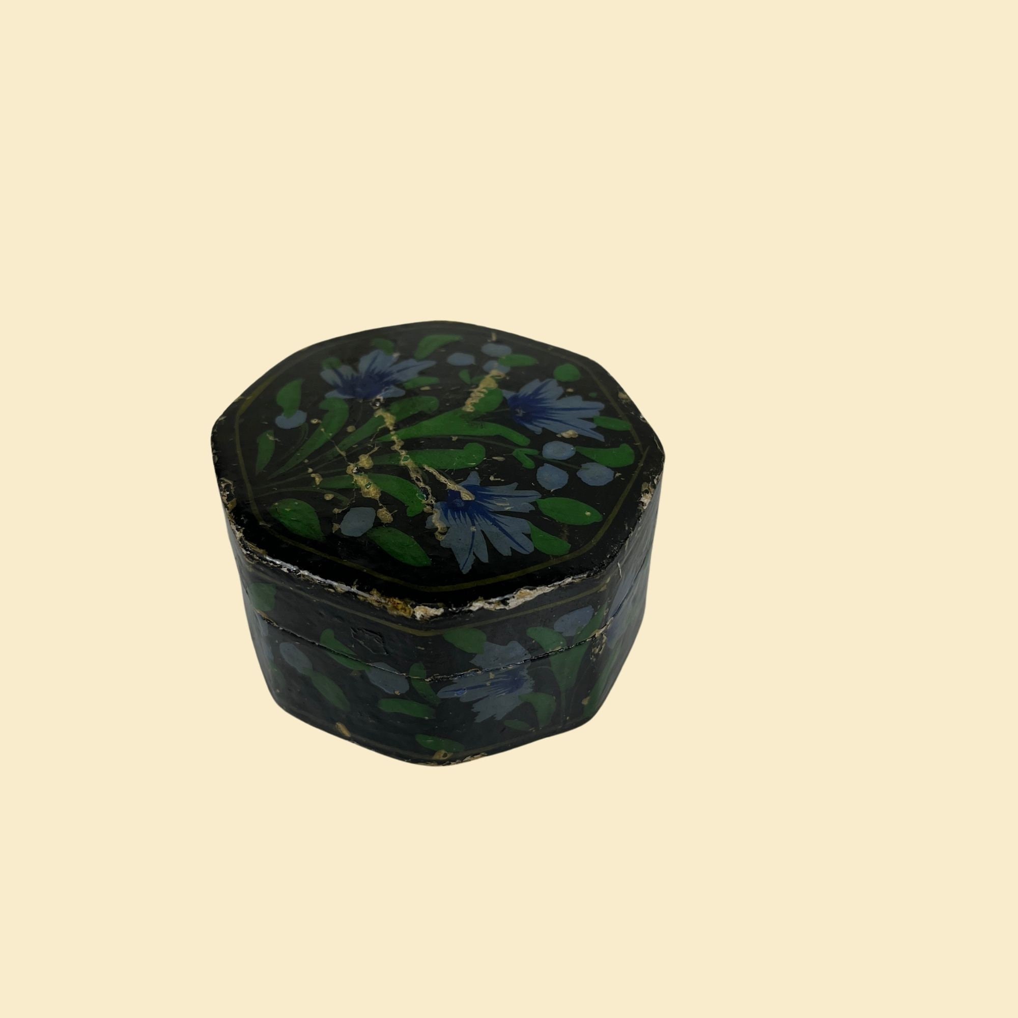 1970s Floral Lacquer Box, Vintage 70s Black/green/blue Round ...