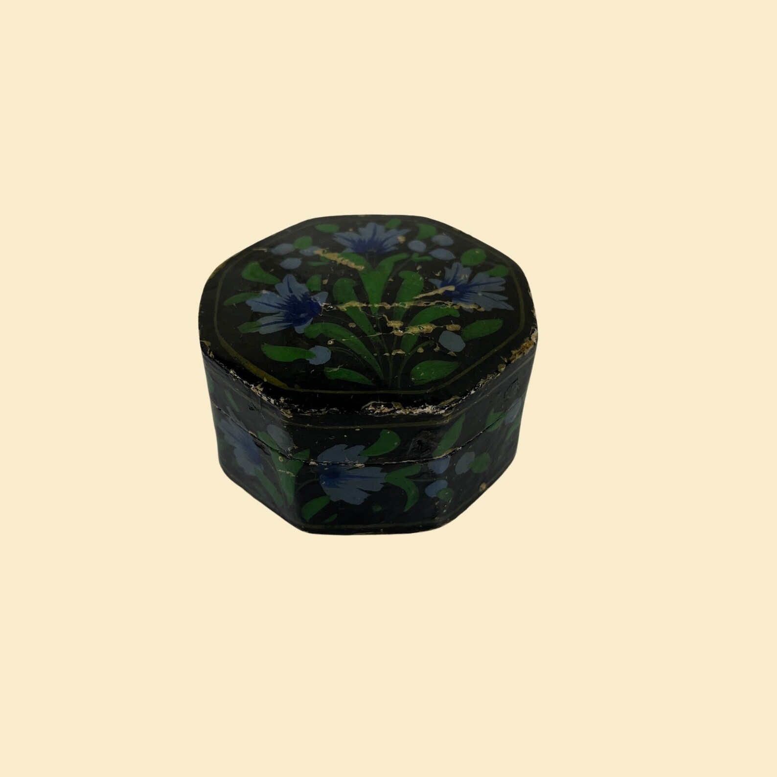 1970s Floral Lacquer Box, Vintage 70s Black/green/blue Round ...