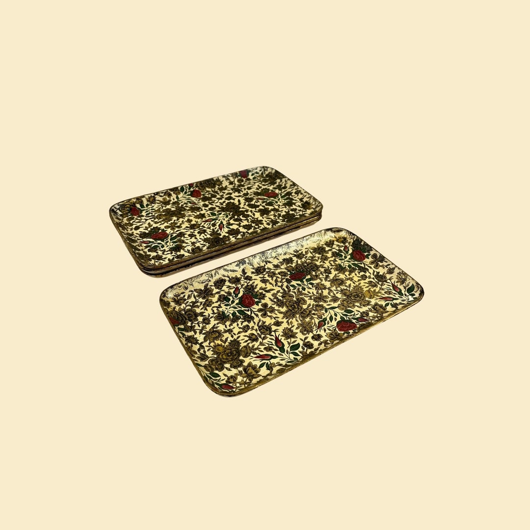 Vintage 70s Floral Paper-mache TV Trays, 1970s Rectangular Gold, Green ...