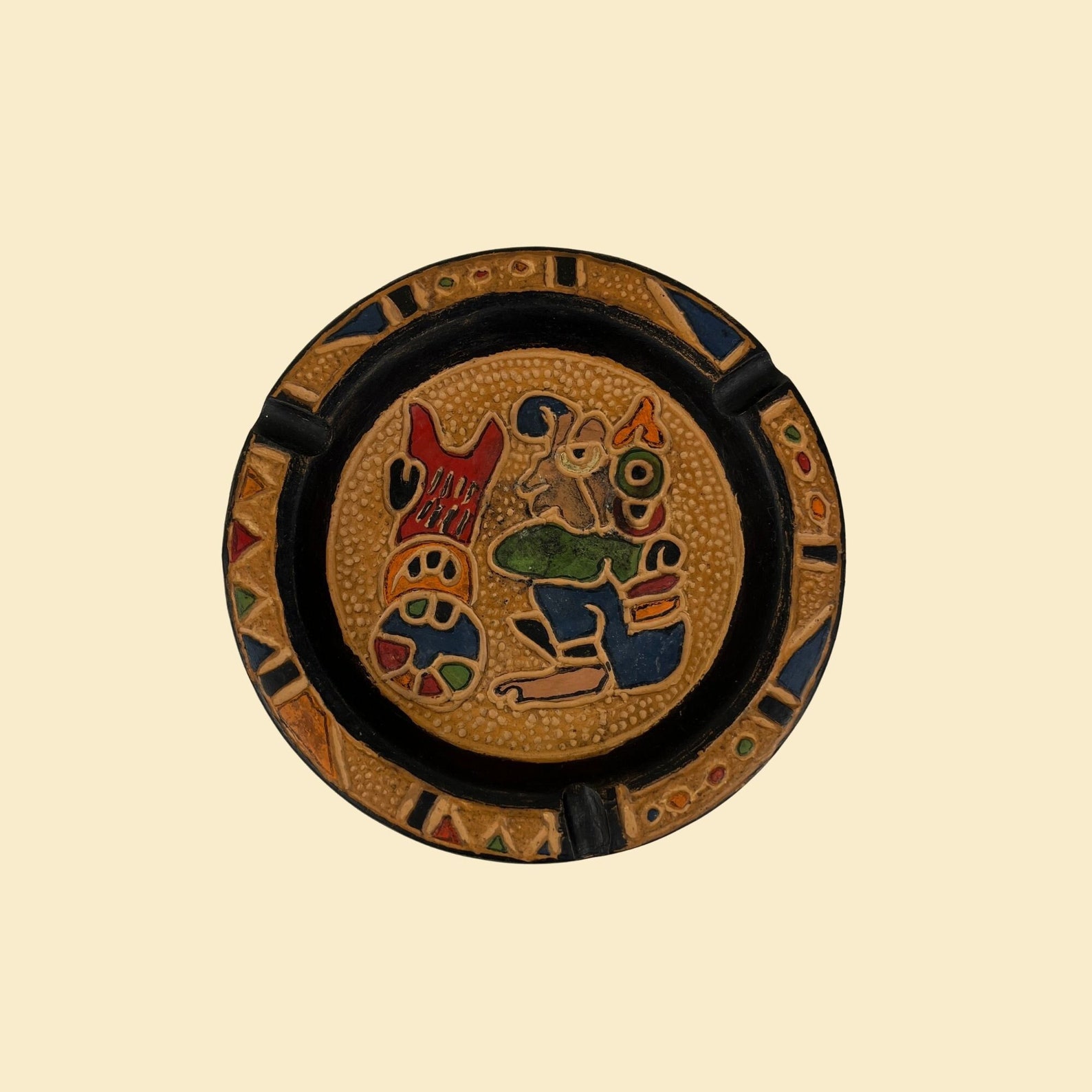1960s Tribal Ceramic Ashtray, Vintage 60s Mayan Folk Art Patterned Ash ...