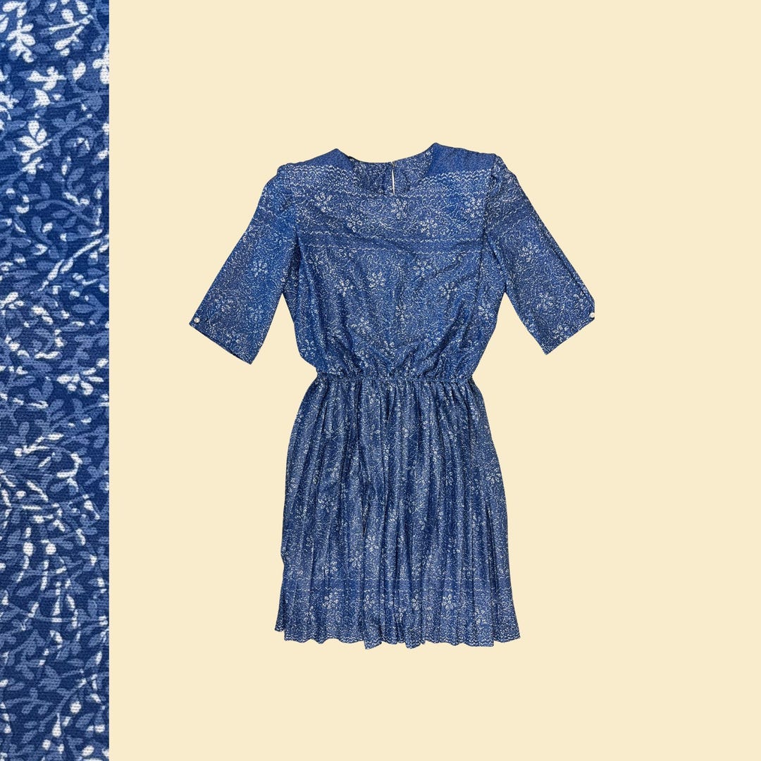 Vintage 70s/80s Blue Dress by MCS Ltd. New York, Size 14P Abstract Midi ...