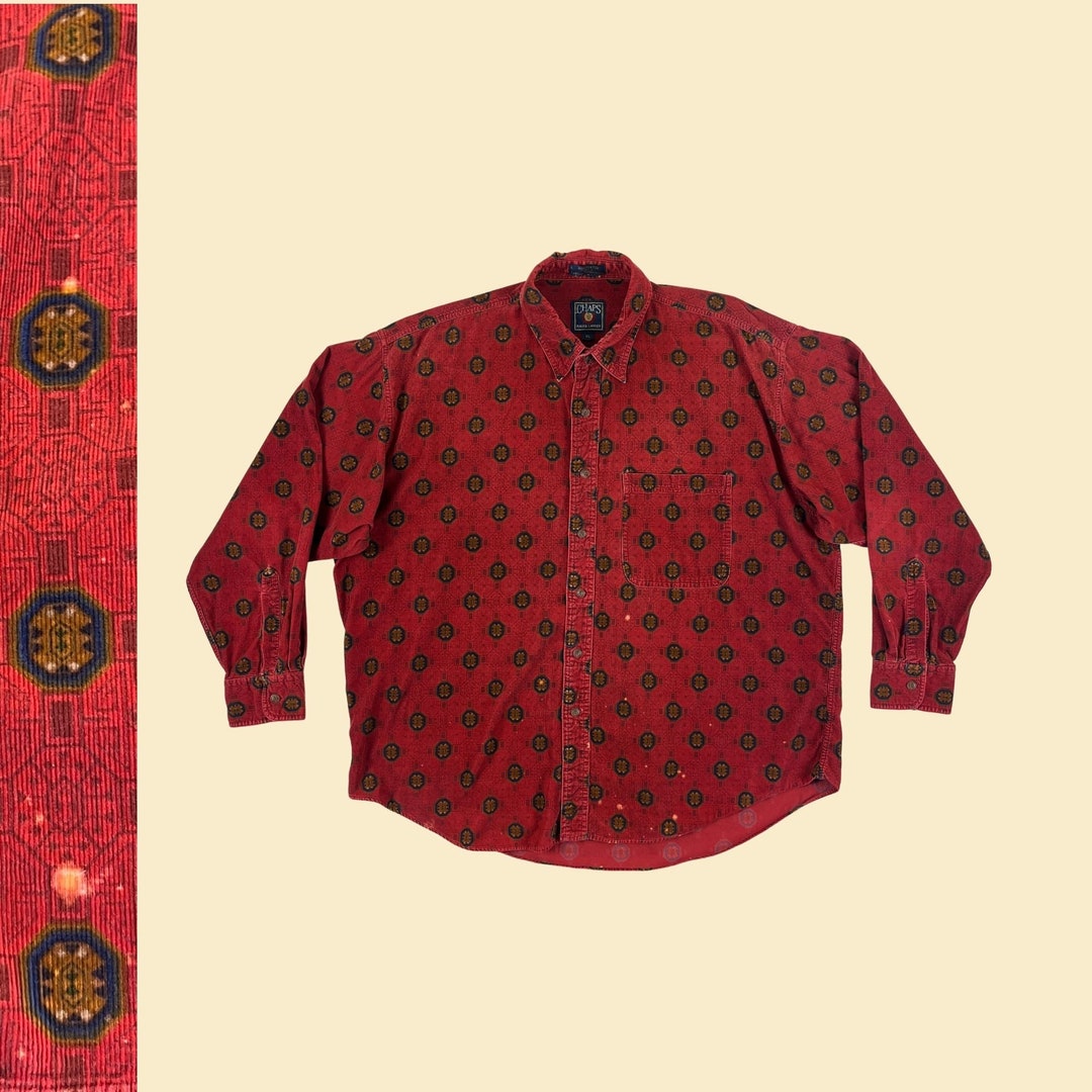 90s XL Chaps Ralph Lauren Shirt, Vintage Burgundy Corduroy Abstract ...