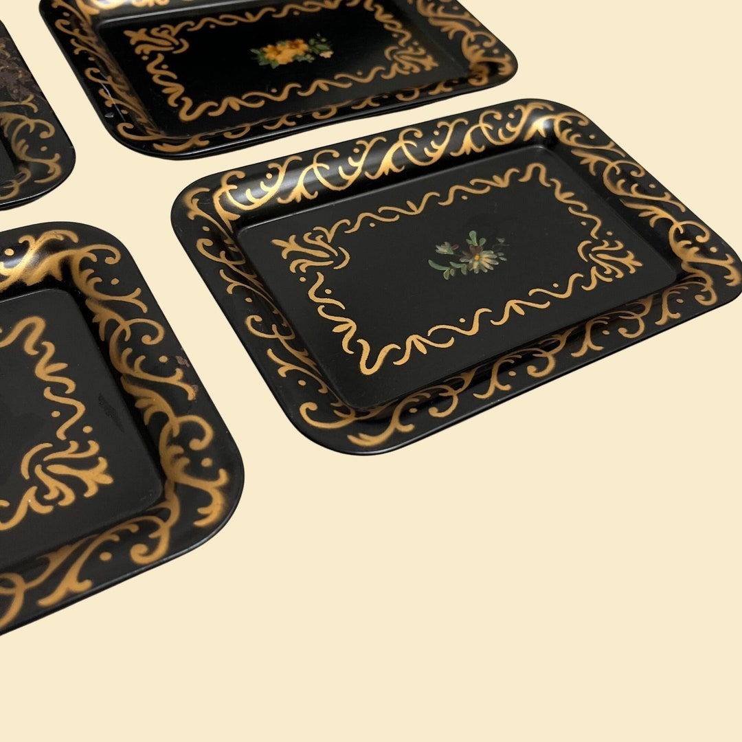 1960s Toleware Trays, Set of 4 Vintage Black Metal Floral Tole Trays ...