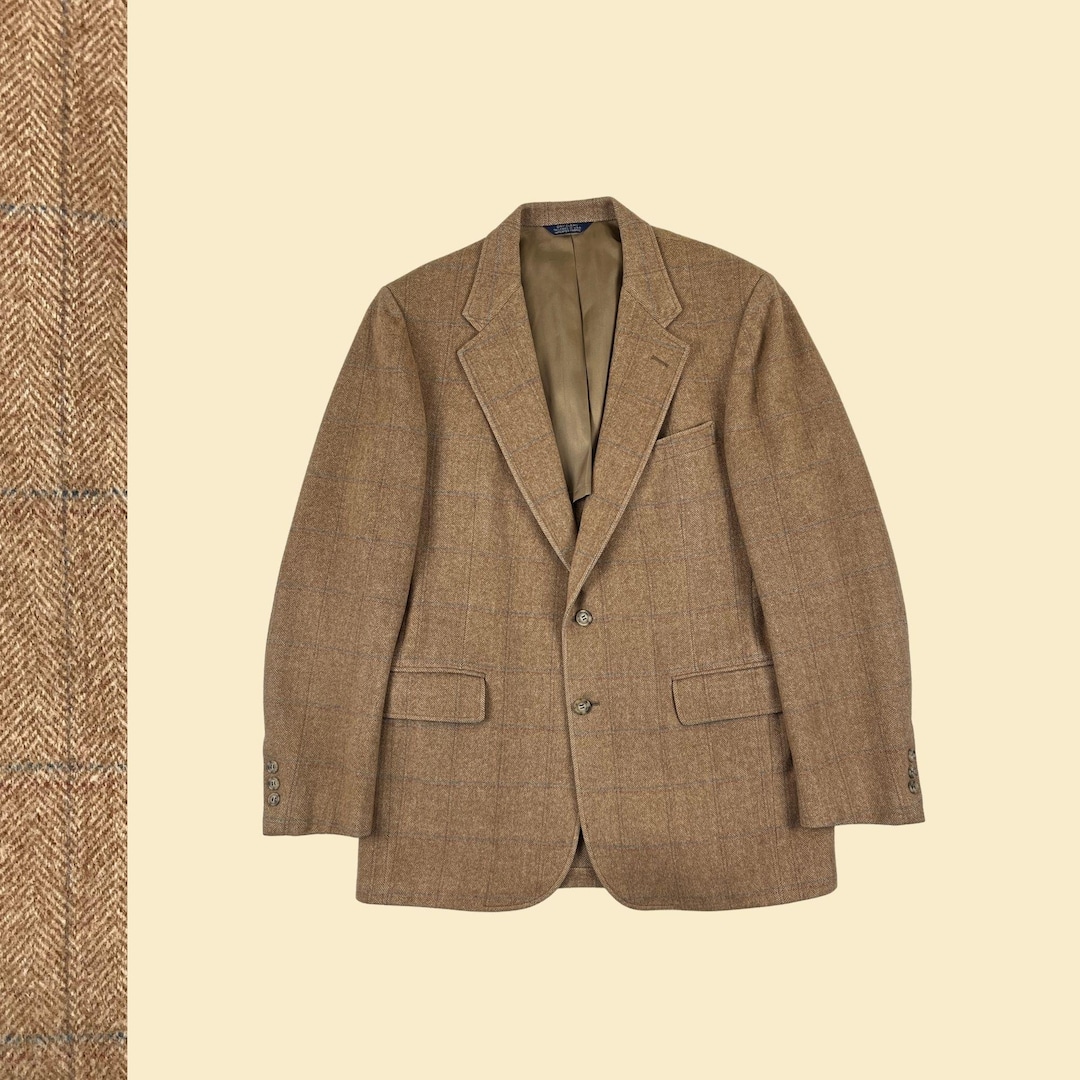 1980s Beige Sports Coat, Size 42 Vintage Herringbone & Plaid Men's ...