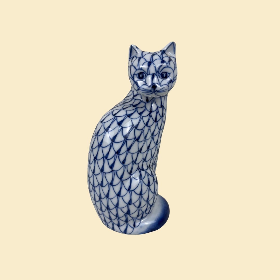 1970s Andrea by Sadek Cat Figurine, Vintage Hand-painted Blue & White ...