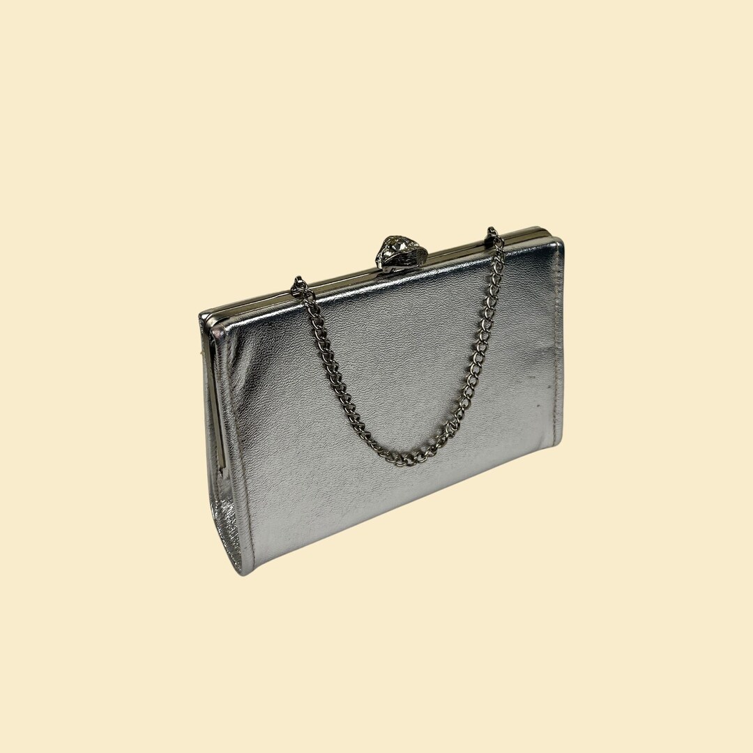 Vintage 70s Silver Clutch Handbag, 1970s Metallic Purse W/ Rhinestone ...