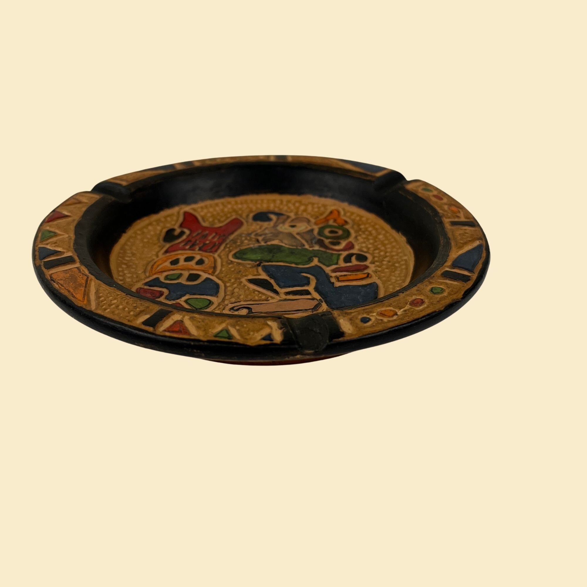 1960s Tribal Ceramic Ashtray, Vintage 60s Mayan Folk Art Patterned Ash ...