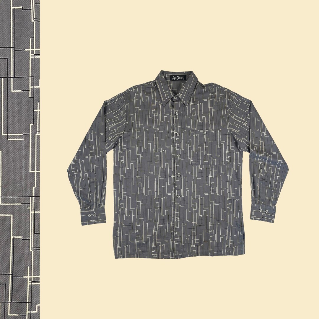70s/80s M Geometric Shirt by Alan Stuart, Grey & White Long Sleeve Men ...