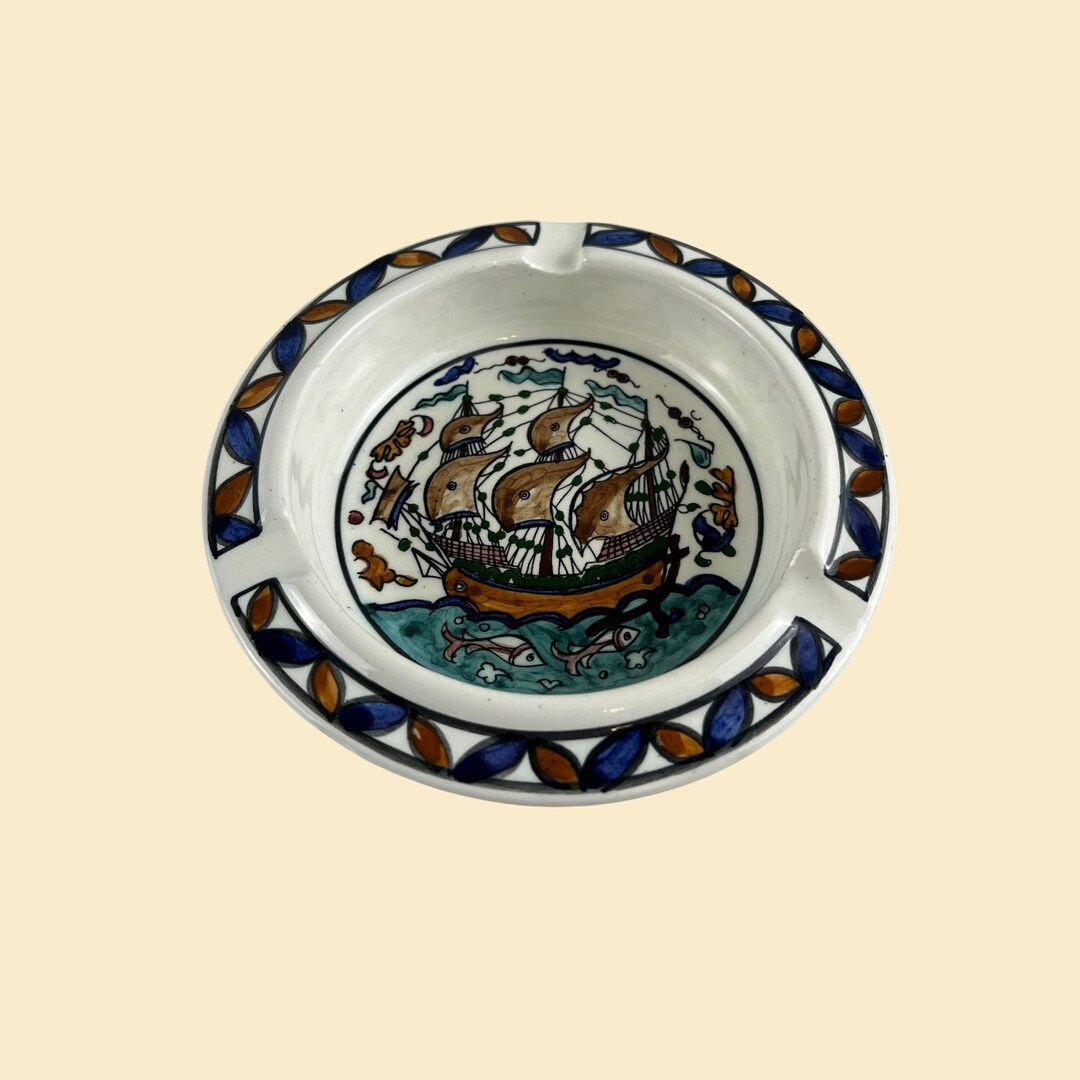 Vintage 70s Greek Ashtray, 1970s Ceramic Greek Ship Ashtray, Ship on ...