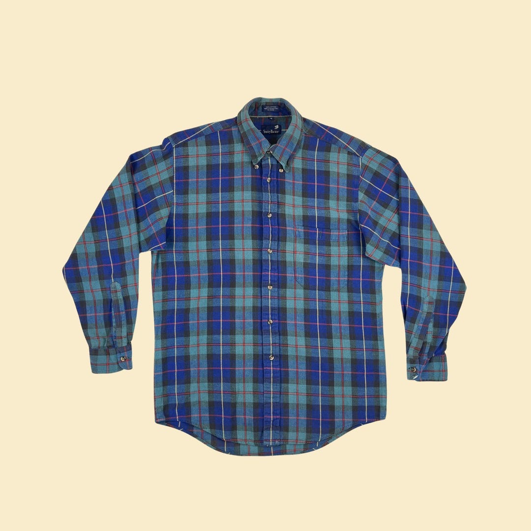 1980s M Flannel Shirt, Vintage Blue & Teal Plaid Button Down Top by Stanley Becker - Etsy