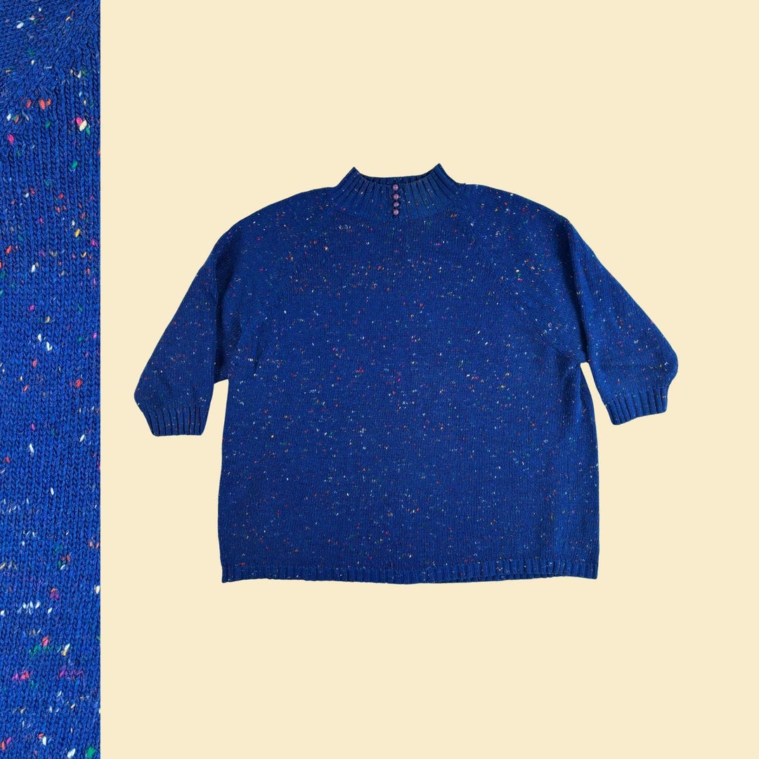 1980s Mock Neck Sweater by Venezia, Vintage Blue & Color-flecked "one ...