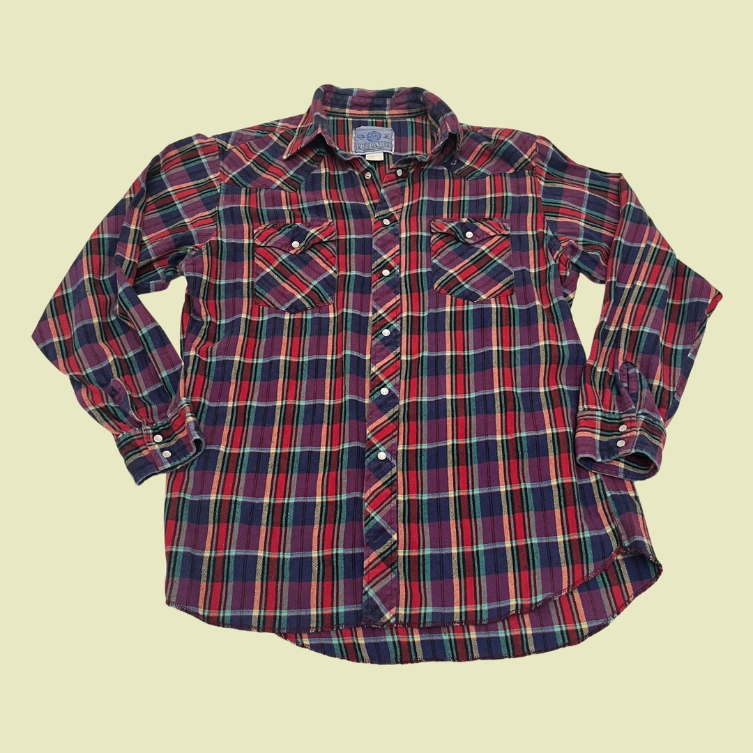 Red 80s Flannel Shirt by American Hero, Size L Vintage Men's Plaid Blue ...