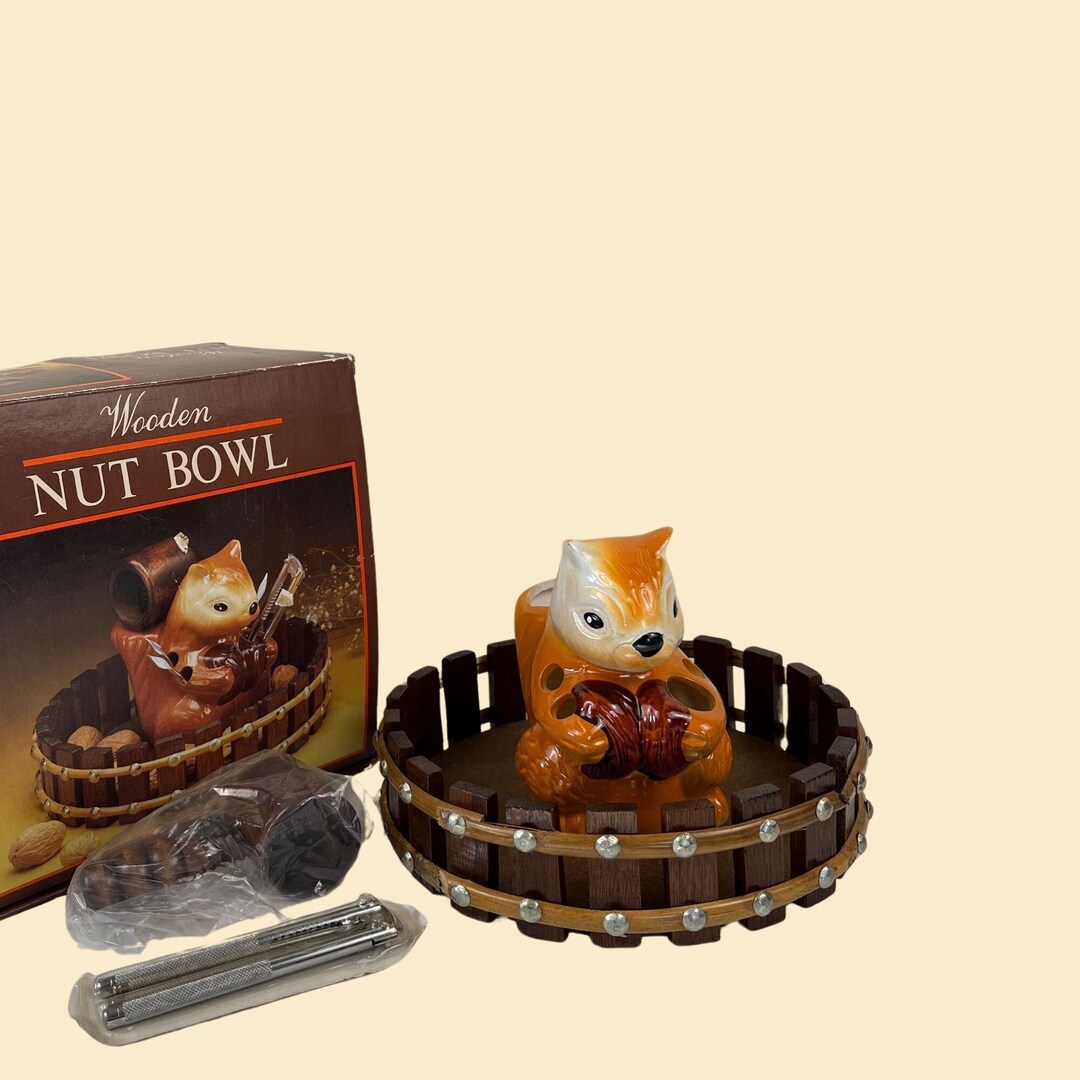 Vintage Squirrel Nut Cracker Set, 1970s Wooden Nut Bowl W/ Ceramic Squirrel & Metal Nut Cracker ...