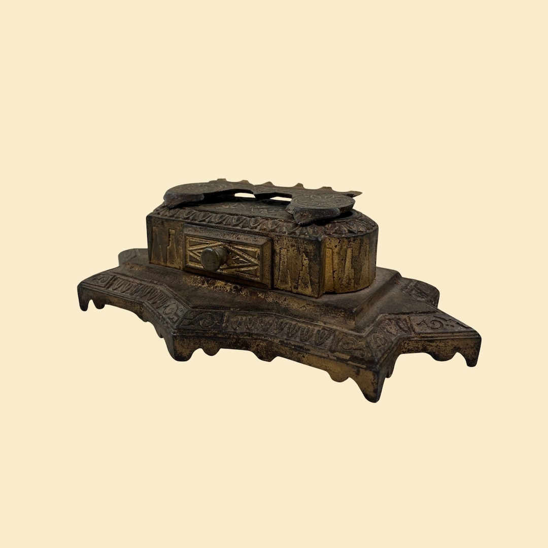 C. 1910s-20s Brass Double Inkwell Holder W/ Drawer, Vintage Art-deco ...