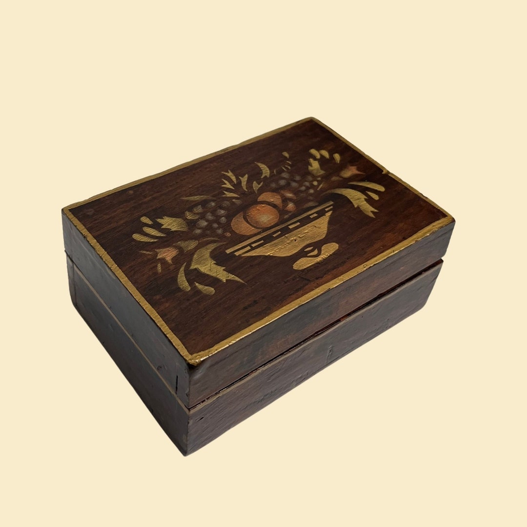 1970s Wooden Box With Fruit Bowl Painting, Vintage Stained Wood Box ...