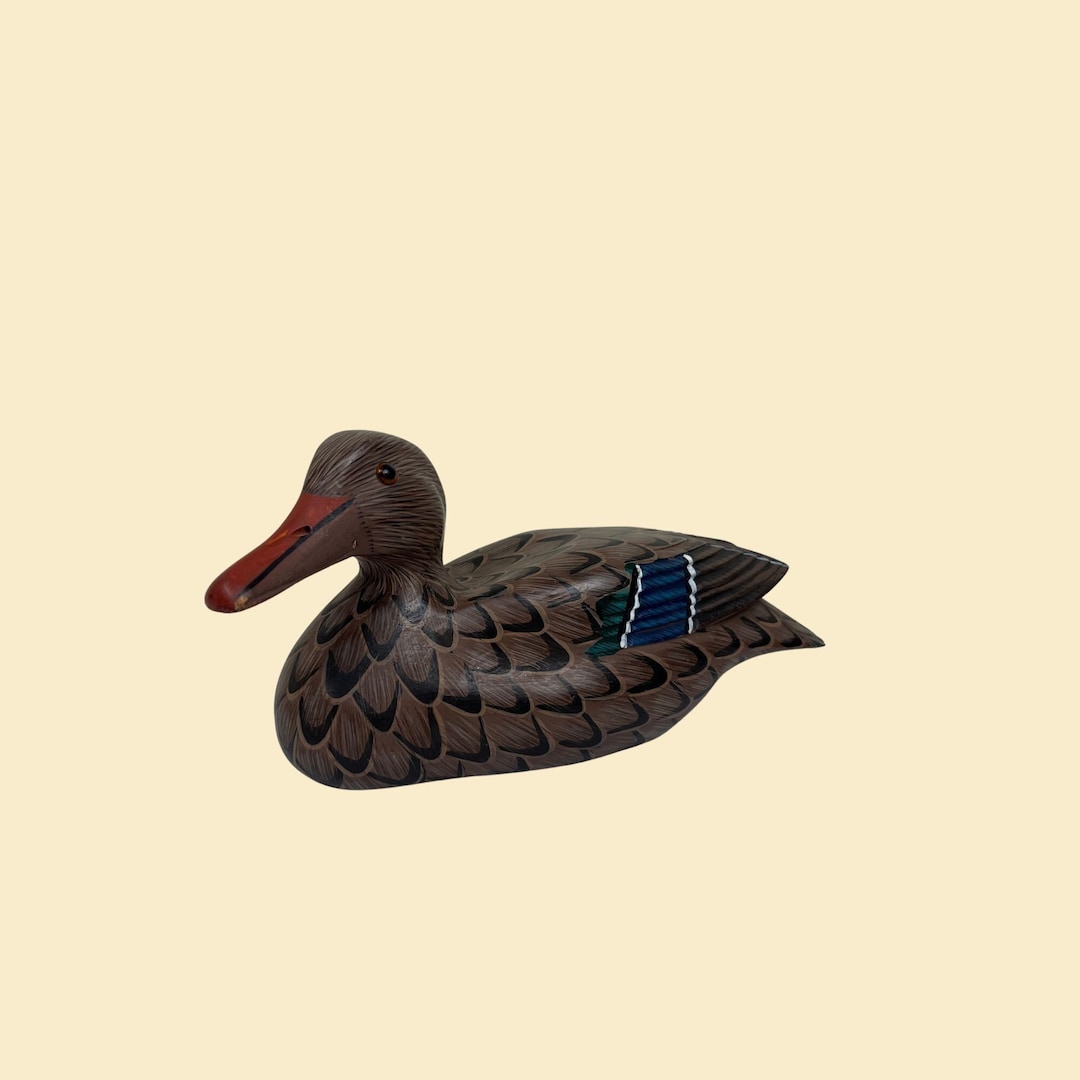 Vintage 90s Wooden Duck Sculpture, 1990s Hand Painted Brown & Blue Duck ...