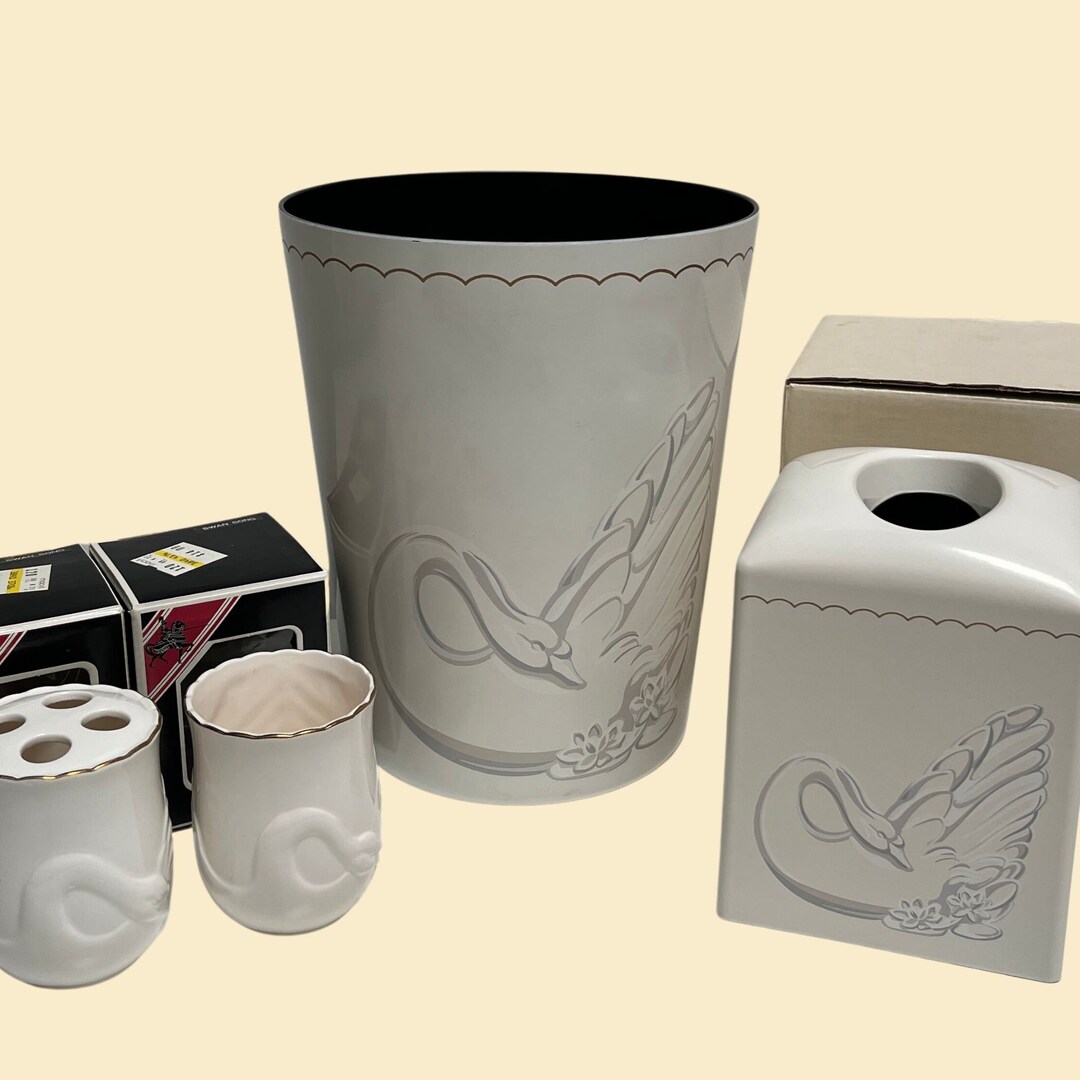 1980s Swan Bathroom Set With Waste Basket, Tissue Box Cover and Tooth ...