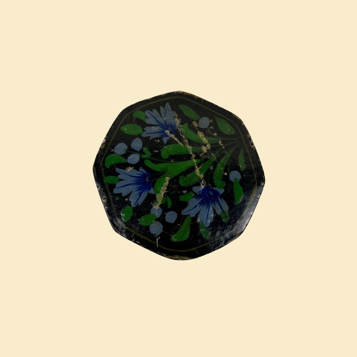 1970s Floral Lacquer Box, Vintage 70s Black/green/blue Round ...