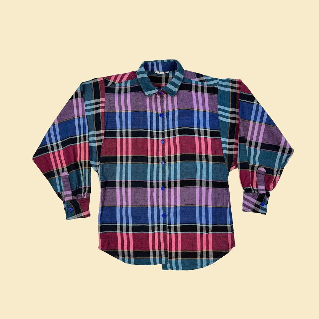 1980s Women's Flannel Shirt, Size M Vintage 80s Teal & Purple Plaid ...