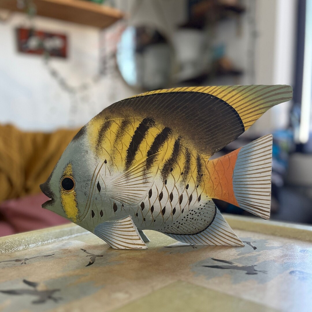 Vintage 1960s Wooden Fish, Hand Painted Blue and Yellow Wood Tropical ...