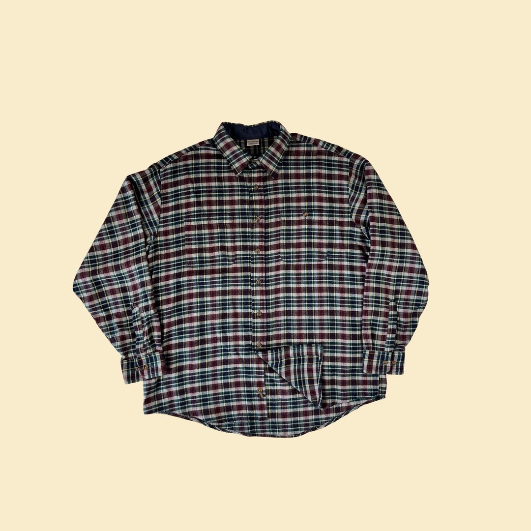 90s XL Flannel Shirt by Windridge, Vintage Green/burgundy Plaid Button ...
